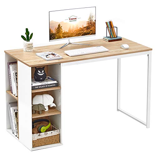 Coavas Office Computer Writing Desk with Storage, Large Work Desk with 5 Shelves Students Study Table Home PC Laptop Table Modern Wood Workstation with Metal Legs, Beech White