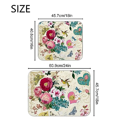 Dish Drying Mats for Kitchen Counter, TOPCARPENTER 18*24 inch Spring Flower& Hummingbirds Dish Drainer Mat, Ultra Absorbent Microfiber Dish Drying Pad for Kitchen Counter Coffee Bar