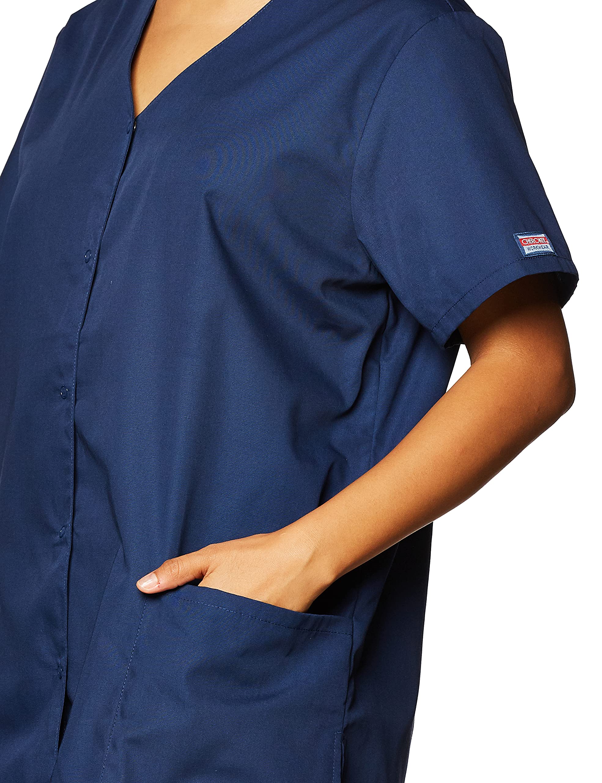 Cherokee Women's Workwear Snap Front V-Neck Scrubs Shirt, Navy, Large