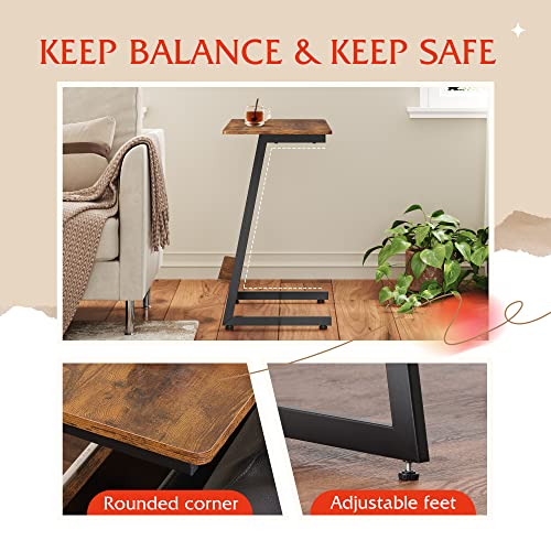 WLIVE Snack Side Table, C Shaped End Table with Magazine Rack for Sofa Couch and Bed, TV Tray Table with Metal Frame, Industrial, for Living Room, Bedroom, Easy Assembly,Rustic Brown and Black