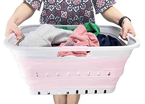 SAMMART 42L (11 gallon) Collapsible Plastic Laundry Basket - Foldable Pop Up Storage Container/Organizer - Portable Washing Tub - Space Saving Hamper/Basket (Grey/Pale Pink)