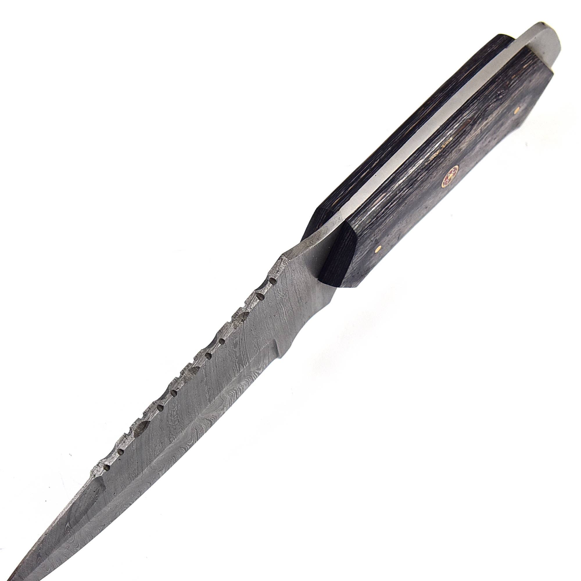 Damascus hunting knife with fixed blade 9.5", Damascus Bowie knife for Survival, Camping, Bushcraft Ergonomic Pukka wood handle | Horizontal carry knife for men with Leather Sheath EC-9108