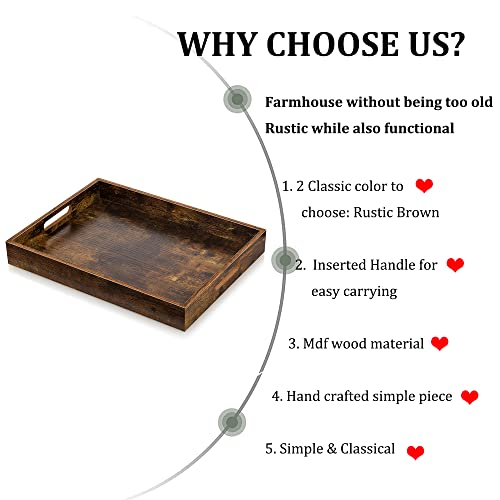 Hanobe Brown Decorative Serving Trays: Rustic Brown Rectangle Tray Decor with Cutout Handles for Coffee Table Ottoman Living Room Kitchen Home Decor, Large