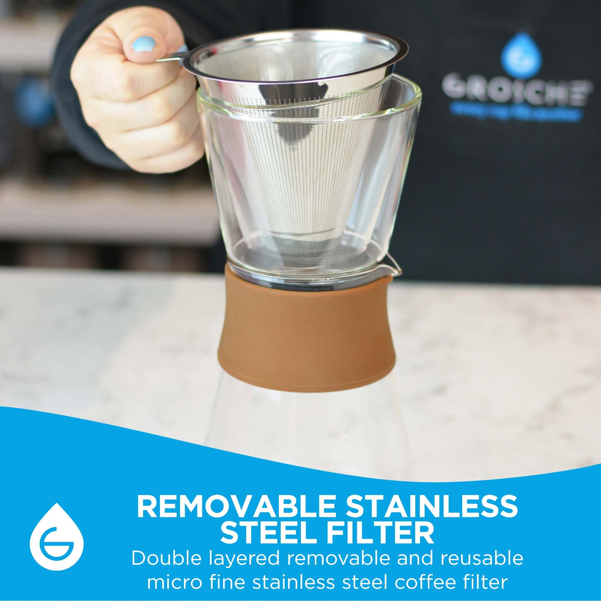GROSCHE Amsterdam Glass Pour Over Coffee Maker - Single Cup Manual Dripper Brewer w/Removable Glass Top & Permanent Stainless Steel Filter - 27.6 fl oz - Ideal for Home, Camping, & On-the-Go Brewing