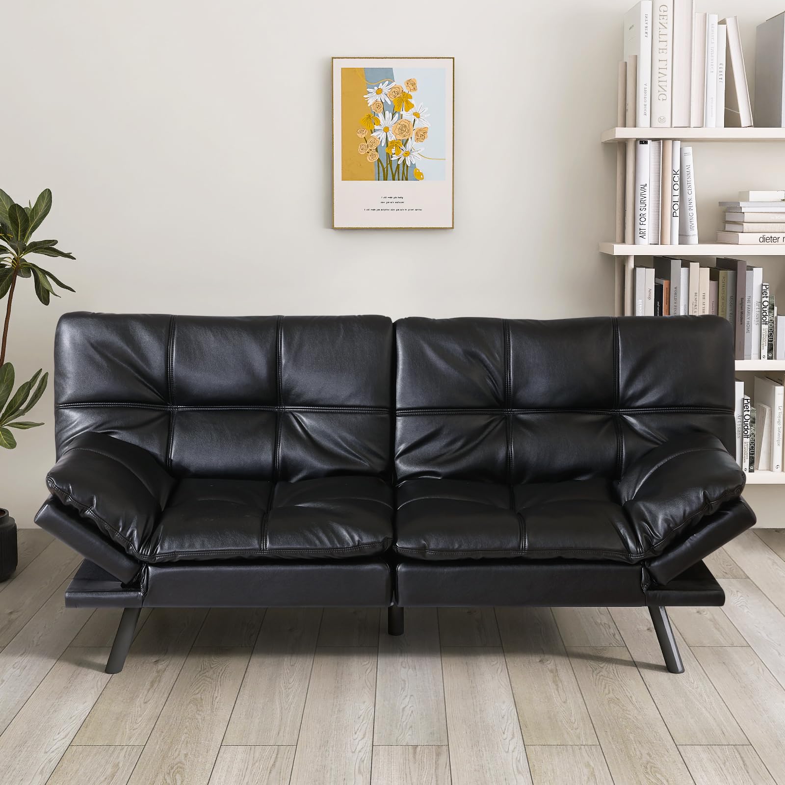 Hcore, Convertible Sleeper, Memory Foam Futon Couch,Loveseat Bed,Small Splitback Modern Sofa Sofabed, Black