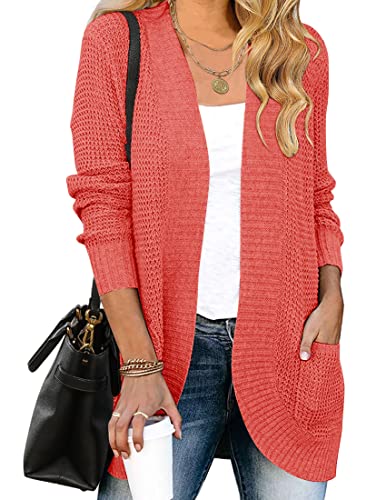 ZESICA Women's 2023 Fall Winter Long Sleeve Open Front Casual Lightweight Soft Knit Cardigan Sweater Outerwear,Watermelon,Medium