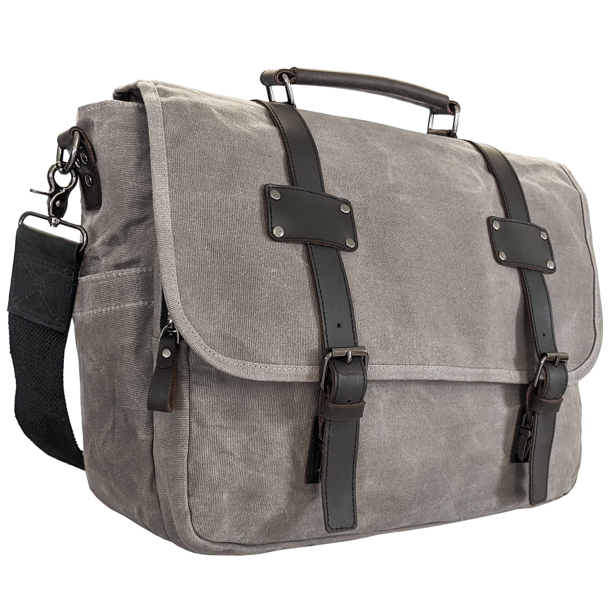 Canvas Messenger Bag for Men, Laptop Case, Satchel | Office Professionals, Travel | Waxed Canvas, Genuine Leather, Smoked Metal Hardware | Trolley Sleeve