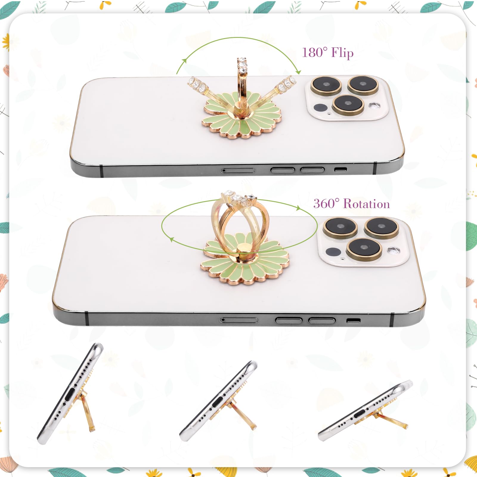 cobee Cell Phone Ring Holders, 4 Pcs Cute Daisy Finger Kickstands Metal Round 180°/360° Rotation Hand Grip with Knob Loop Phone Ring Grips Compatible with Most Smartphones, Tablets (Style-B)