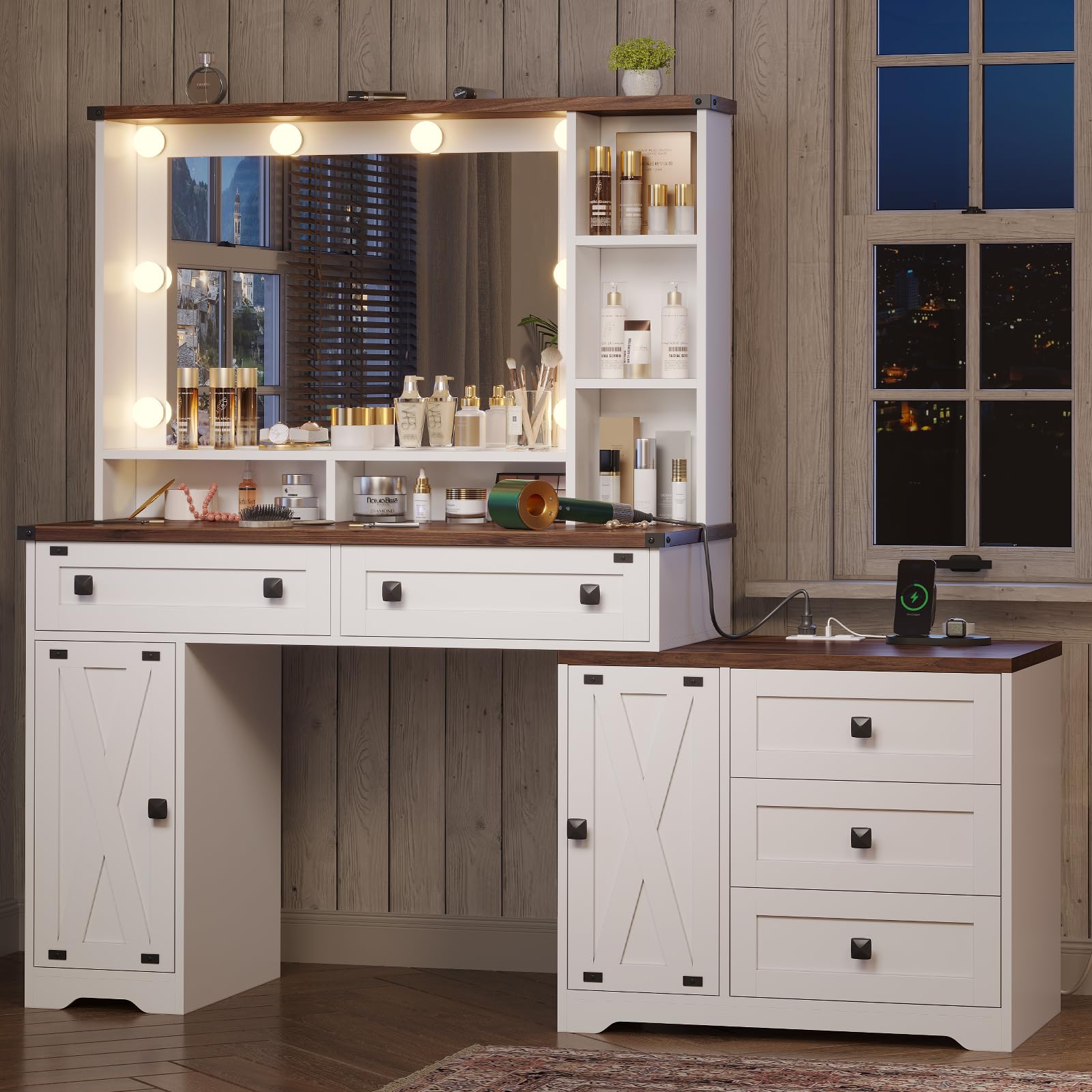 Hasuit 56.5" Makeup Vanity Desk with Hollywood Makeup Mirror, Farmhouse Vanity Desk with Charging Station, Large Vanity Table with Open Shelves & 5 Drawers & 2 Cabinets for Bedroom, Lights Adjustable
