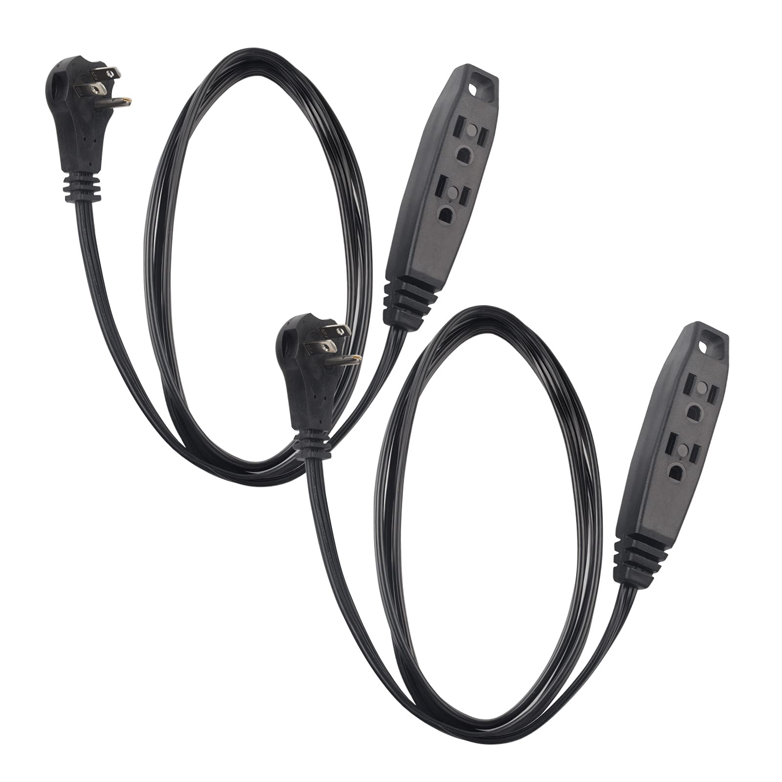 Clear Power 2-Pack 6 ft Indoor Extension Cord 3 Grounded Outlets 16/3 SPT-2, 3 Prong Low-Profile Flat Plug, Black, DCIC-00472P-DC