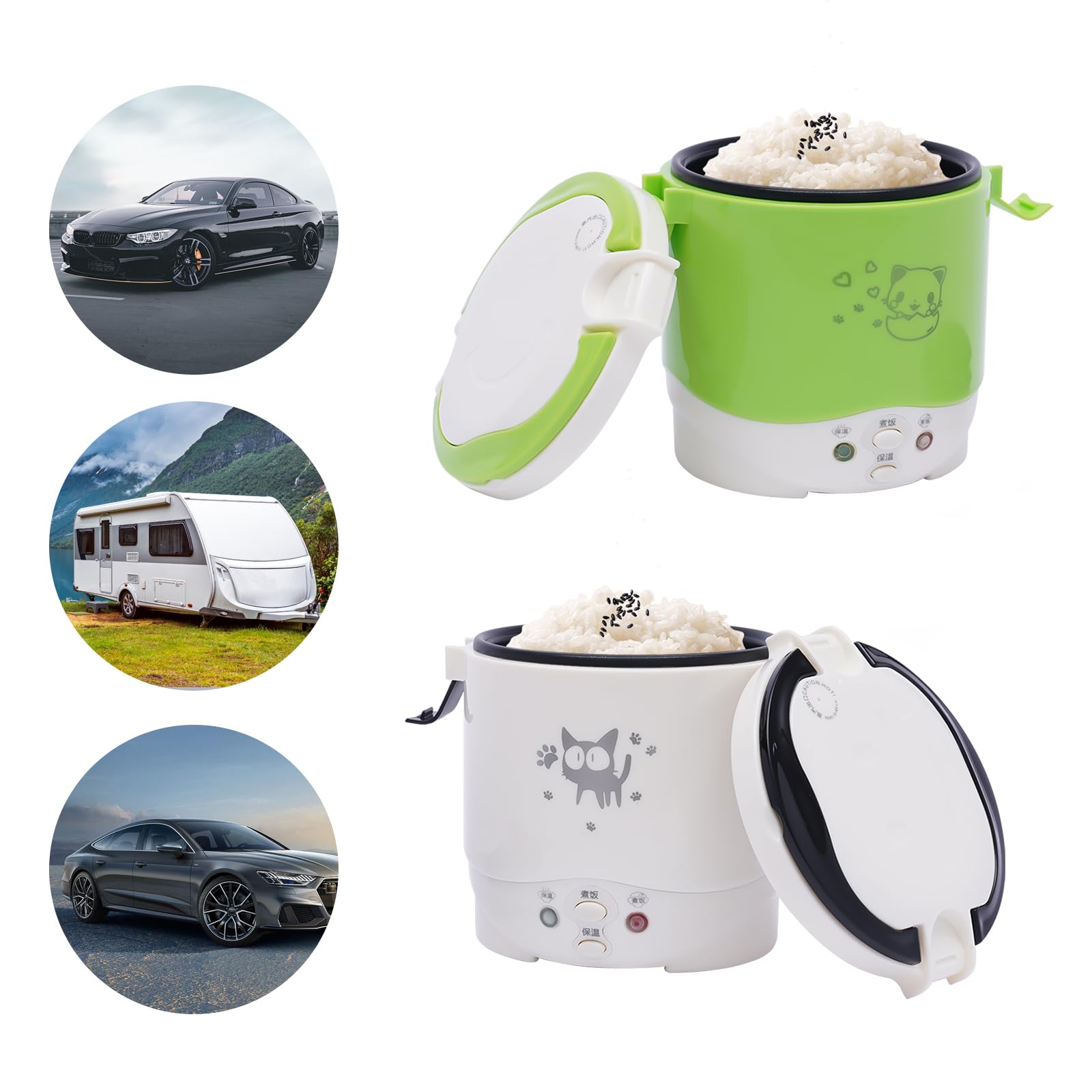 Headery Rice Cooker Small 12V, Mini Rice Cooker Steamer 1 Cup, Portable Easy Operation Well Insulated 1-2h Non-stick Rice Maker Food Steamer with Handle and Spoon for Car Home (Green)
