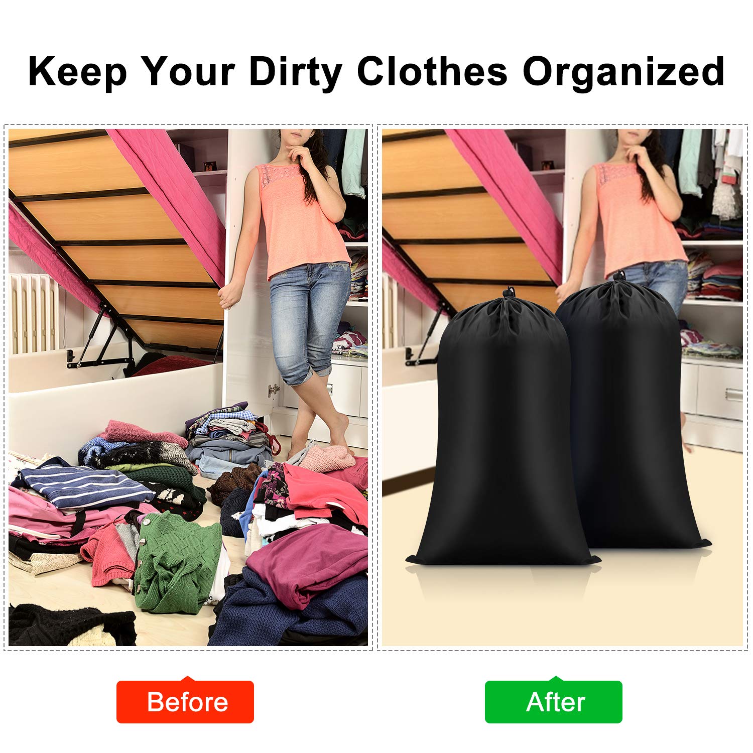 Heavy Duty Laundry Bags Extra Large Dirty Clothes Travel Bag 28 x 43 inch 2 Pack UFmeDorm XL Washable Storage Organizer College Dorm Camp Tear Resistant Big Hamper Basket Replacement Liner Black