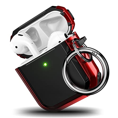 Jiunai for AirPods Case AirPods 2 Case with Keychain Protective Shockproof Full Body Armor Thick Wireless Charge Supported Cool Case with Carabiner for AirPods 1st & 2nd Gen LED Visible Black Red