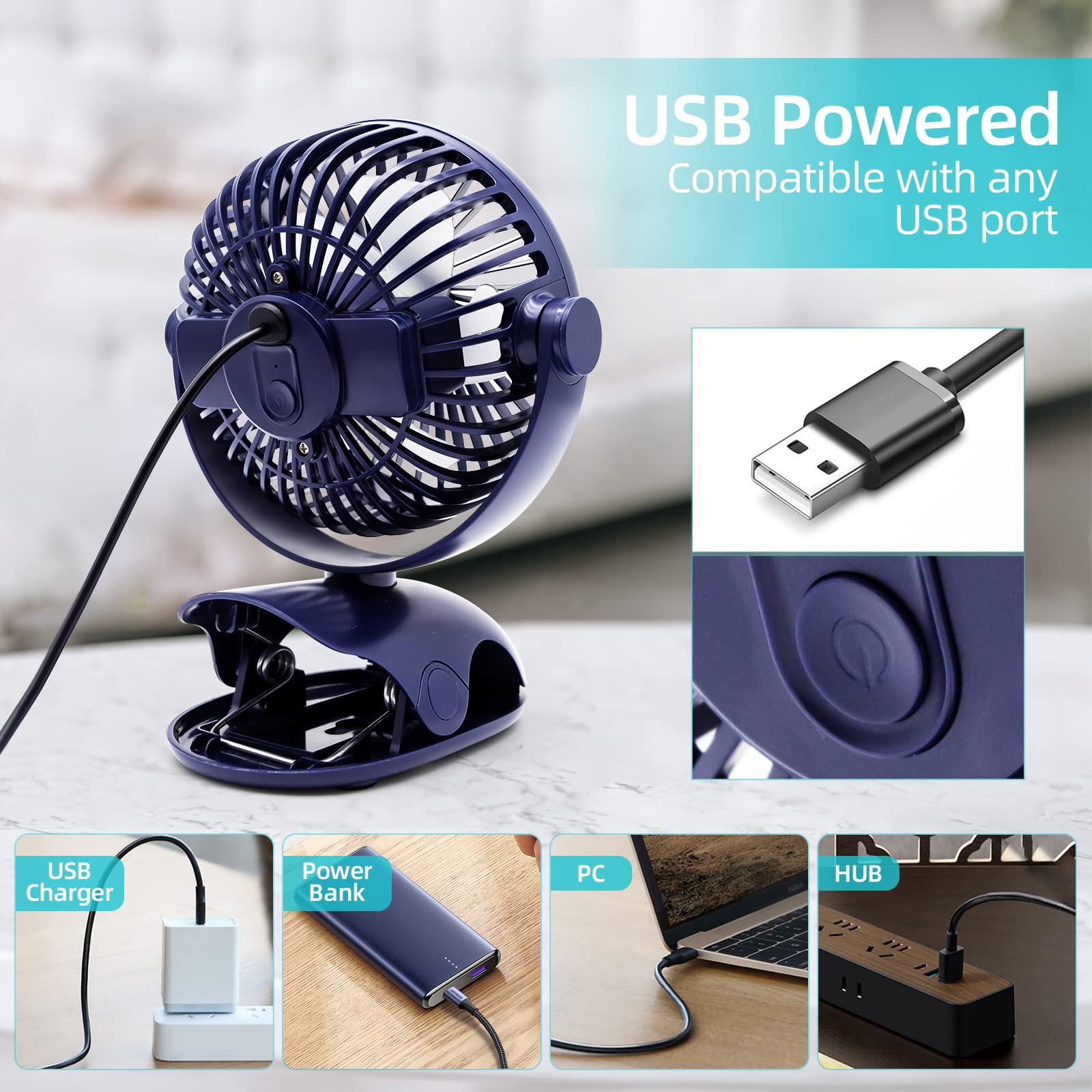 ELOUYCKE Clip on Fan, 6.7 Inch USB Small Table Fan, Portable Desk Fan with Strong Airflow, 4 Speed Adjustable, 720 Degree Rotation for Home Office Bedroom Table and Desktop (Blue)