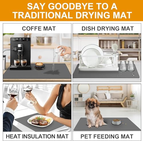 Dish Drying Mats for Kitchen Counter Coffee Mat Under Sink Mats for Kitchen Waterproof Dish Mat Drying Kitchen Mat Bar Mats for Countertop Coffee Bar Accessories (Deep Gray, 11.81"*15.75")