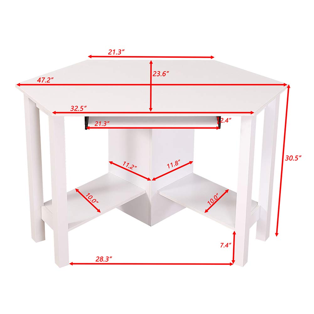 Corner Desk Writing and Study Corner Computer Desk with Keyboard Tray Storage Shelves,Wooden Compact Home Office Desk,47 inch, White