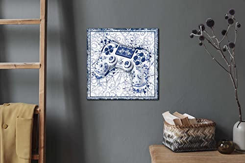 ZHAOSHOP Gaming Decor for Boys Room - Blue and White Canvas Wall Art for Bedroom - Gamer Wall Decor Ready to Hang 14" x 14"