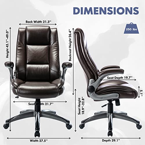 High Back Executive Office Chair-Ergonomic Bonded Leather Computer Chair with Flip-up Arms, Adjustable Tilt Tension, Padded Armrests, Swivel Rolling Home Office Desk Chair-Brown