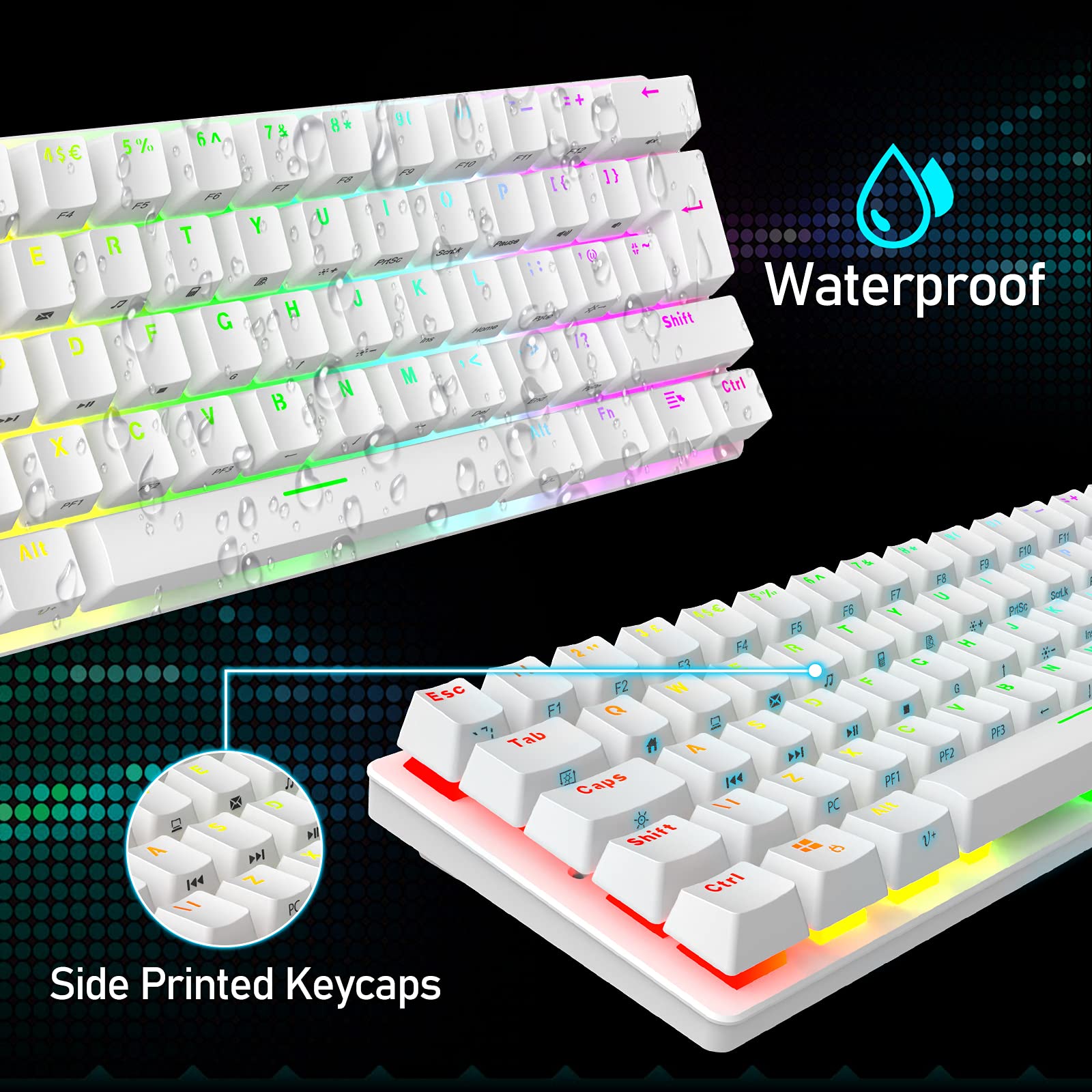 Compact 60% Mechanical Gaming Keyboard with Ergonomic Anti-ghosting Mini 61 Key Layout Rainbow RGB Backlight Waterproof Metal Plate Type-C USB Wired for PC Mac Gamer Office Typist (White/Red Switch)