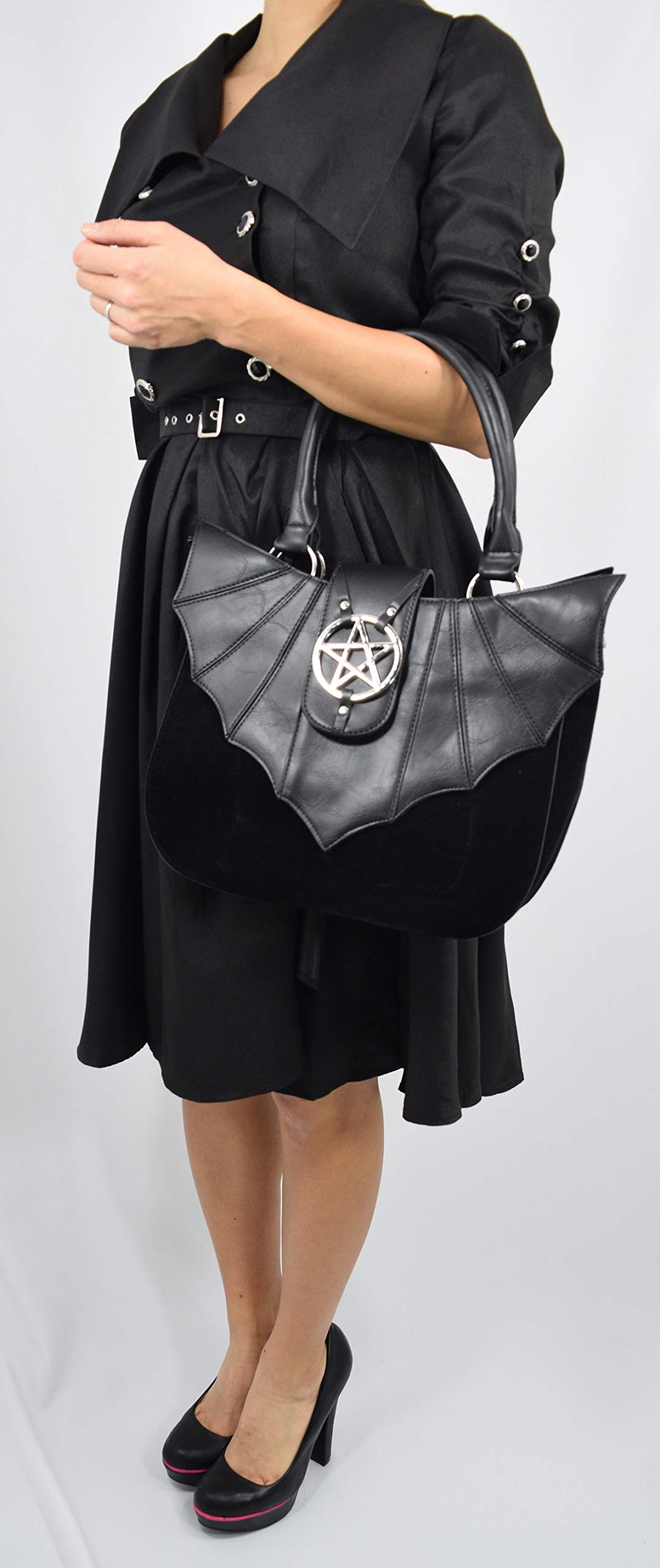 Restyle Night Creature Bat wings & Pentagram Black Velvet Gothic Handbag
