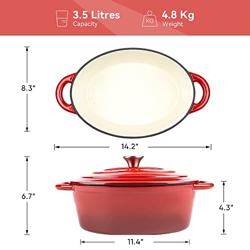 Kerilyn 4.5 QT Enameled Oval Dutch Oven Pot with Lid and Dual Handles, Cast Iron Dutch Oven for Cooking, Bread Baking, Non-stick Enamel Coated Cookware (Red)