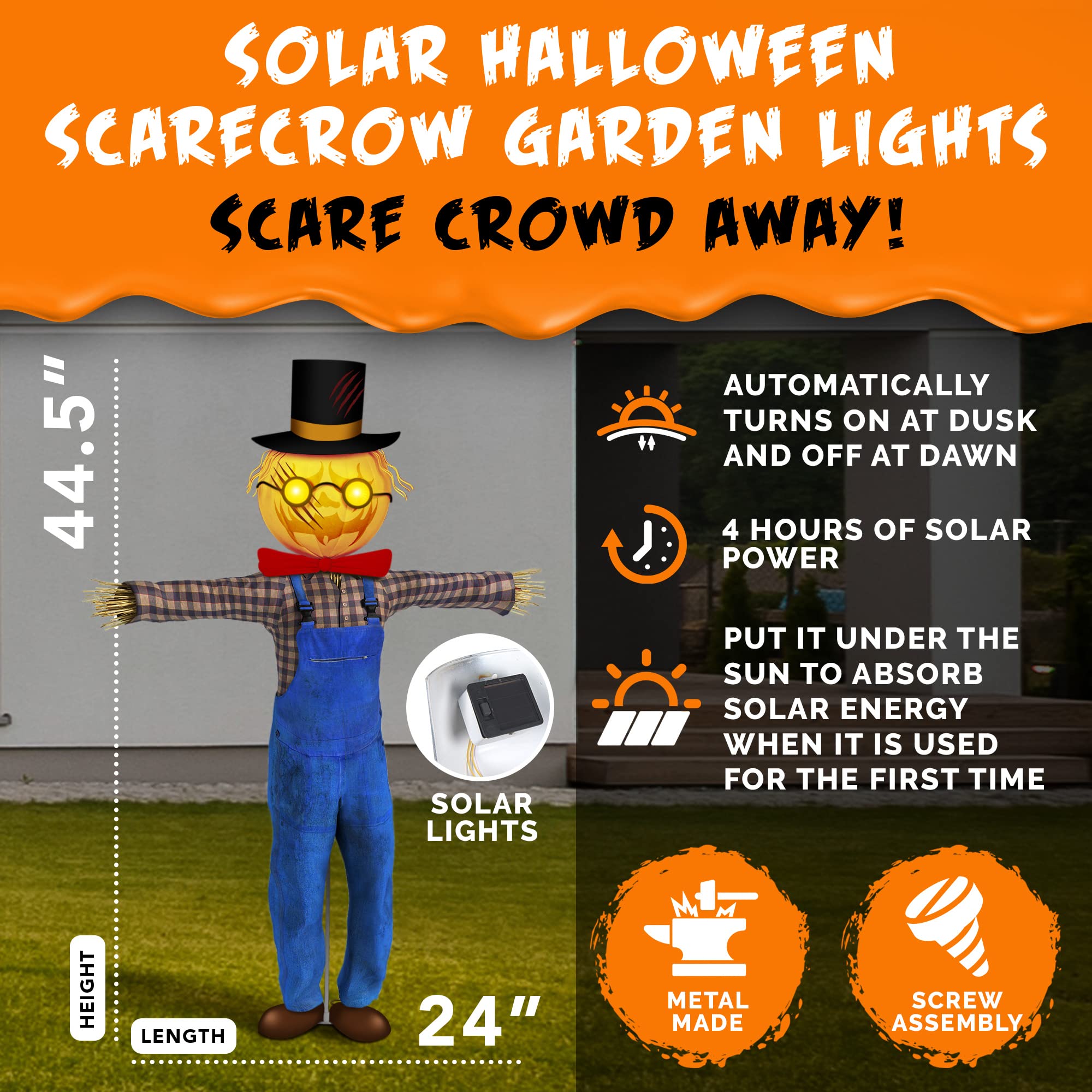 CR8 OUTLET Halloween Solar Scary Scarecrow for Outdoor Craft Decorations, Decorate-Your-Own Fall Decor Metal Patio Yard Stake Pumpkin face White