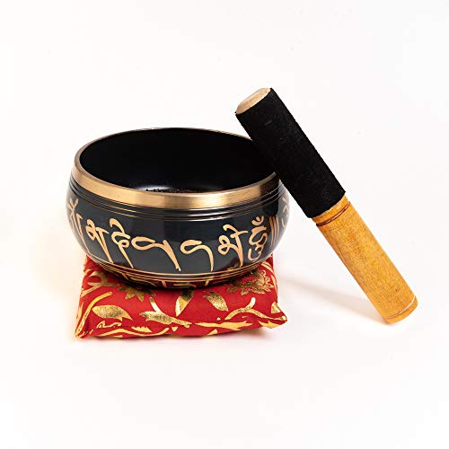 Satnam Tibetan Singing Bowl Set with Mantra Engravings | Meditation Sound Bowl | Handcrafted in India Great for Meditation, Stress & Anxiety Relief & Chakra (4 Inch, Black)