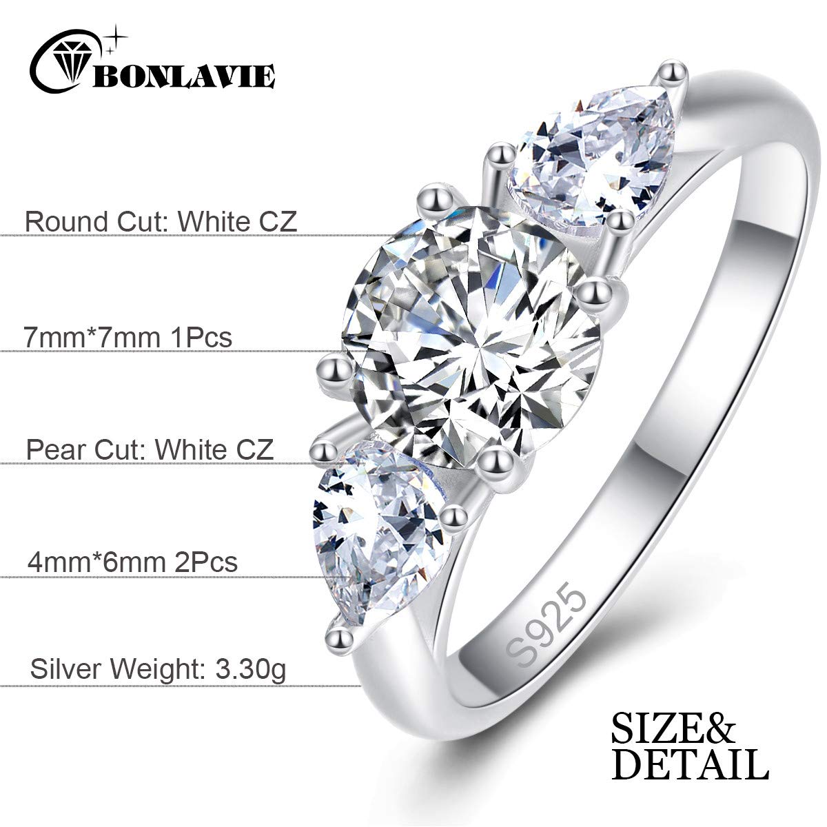 BONLAVIE 925 Sterling Silver Engagement Ring for Women Pear & Round Cut 3-Stone Ring AAA Cubic Zirconia Ring Promise Ring for Her Wedding Bands Size 7.5