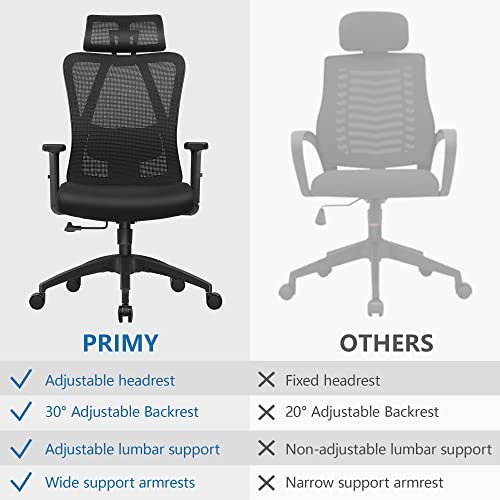 Primy Ergonomic Office Chair,High Back Desk Chair with Adjustable Headrest with 2D Arms,Lumbar Support and PU Wheels,Big and Tall Office Chair for Home and Office,Tilt Function Computer Chair (18-H)