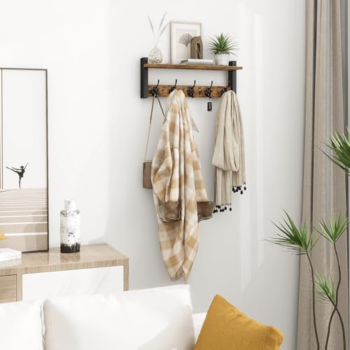 Homode Wall Hooks with Shelf, Wood Coat Rack with Shelf Wall-Mounted, Entryway Hanging Shelf with 5 Metal Hooks for Clothes Hats Towel Purse Robes, Bathroom Mudroom Bedroom, Rustic Brown Black