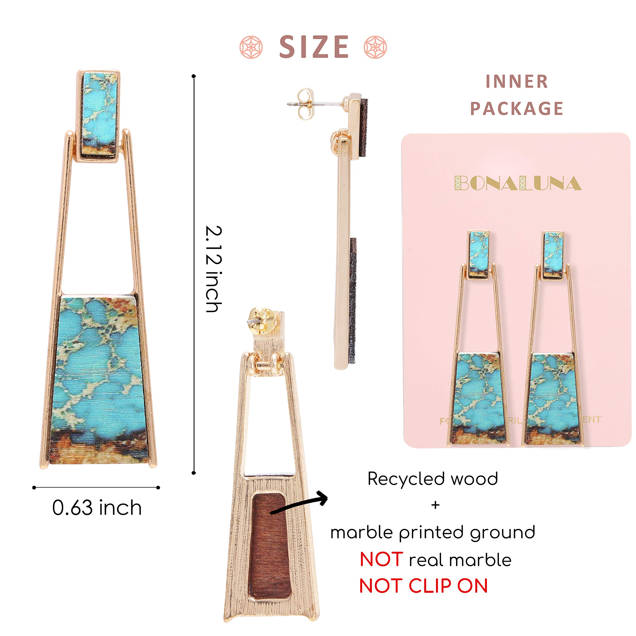 BONALUNA Bohemian Wood And Marble Effect Oblong Shaped yellow-gold-plated-bronze Drop Statement Earrings (TURQUOISE)