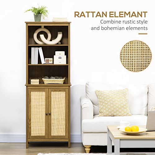 HOMCOM Rustic Bookshelf with Cabinet & Rattan, Tall Bookshelf Library, Wooden Bookcase with Doors and Shelves, Study Living Room Home Office, Walnut