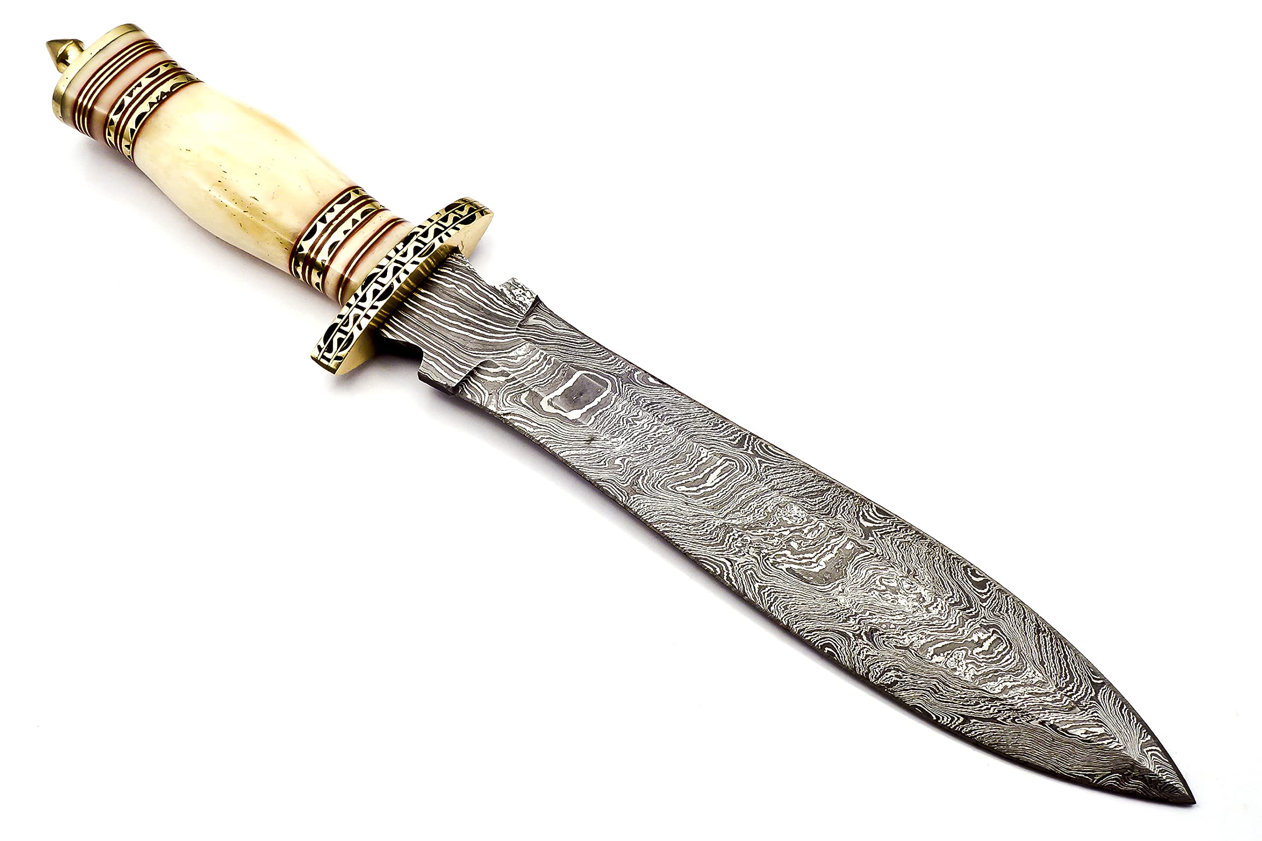 Damascus Steel Knife Handle Bone With Brass Guard A Beautiful Work Of Hunting Blade