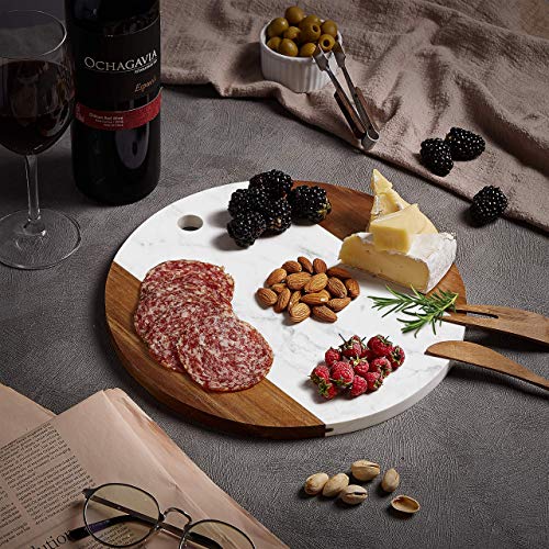 Marble Cheese Board with Acacia Accent 12" Round - Beautifully Handcrafted Charcuterie Board for Two - Round Cutting Board - Wonderful Housewarming Gift