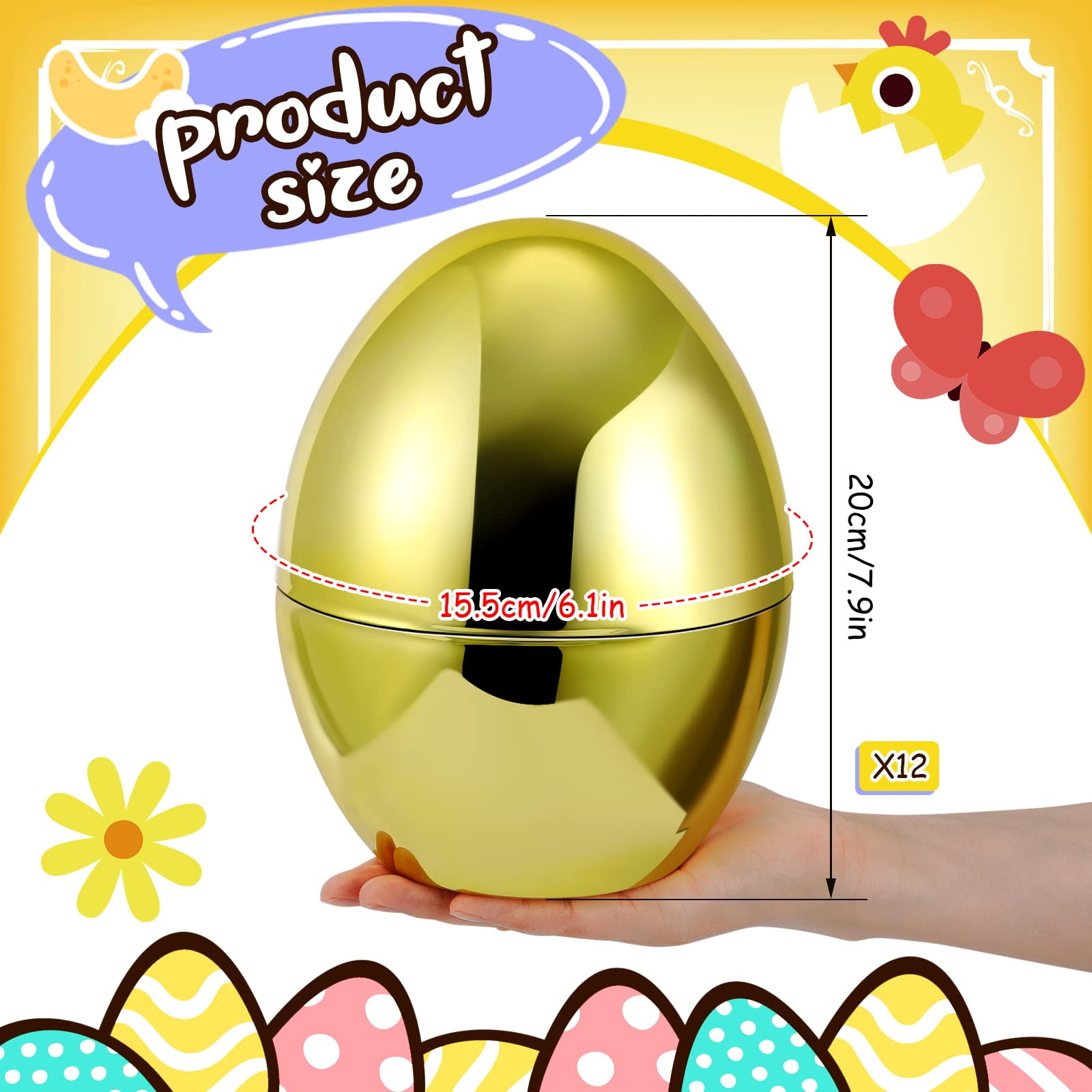 Deekin 6 Pcs Jumbo Gold Easter Egg Empty Fillable Plastic Egg Large Egg for Party Favor Easter Hunt Decoration Goodie Basket Prize Birthday Carnival Classroom Reward, 7.9 x 6.1 x 6.1''(Golden)