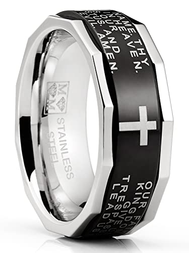 Bonndorf Two Tone Stainless Steel Ring with Lords Prayer and Cross Design Size 9.5