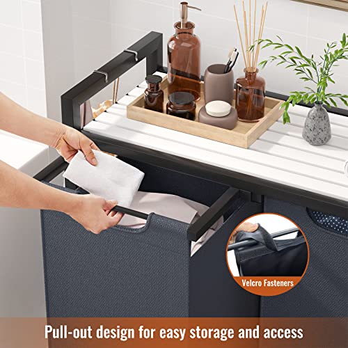 Homykic Laundry Hamper with Wheels, 100L Pull-Out Laundry Basket with Shelf, 2-Section Laundry Sorter Cart with Removable Laundry Bags 4 Hooks for Clothes, Bamboo Top and Metal Frame, White+Black
