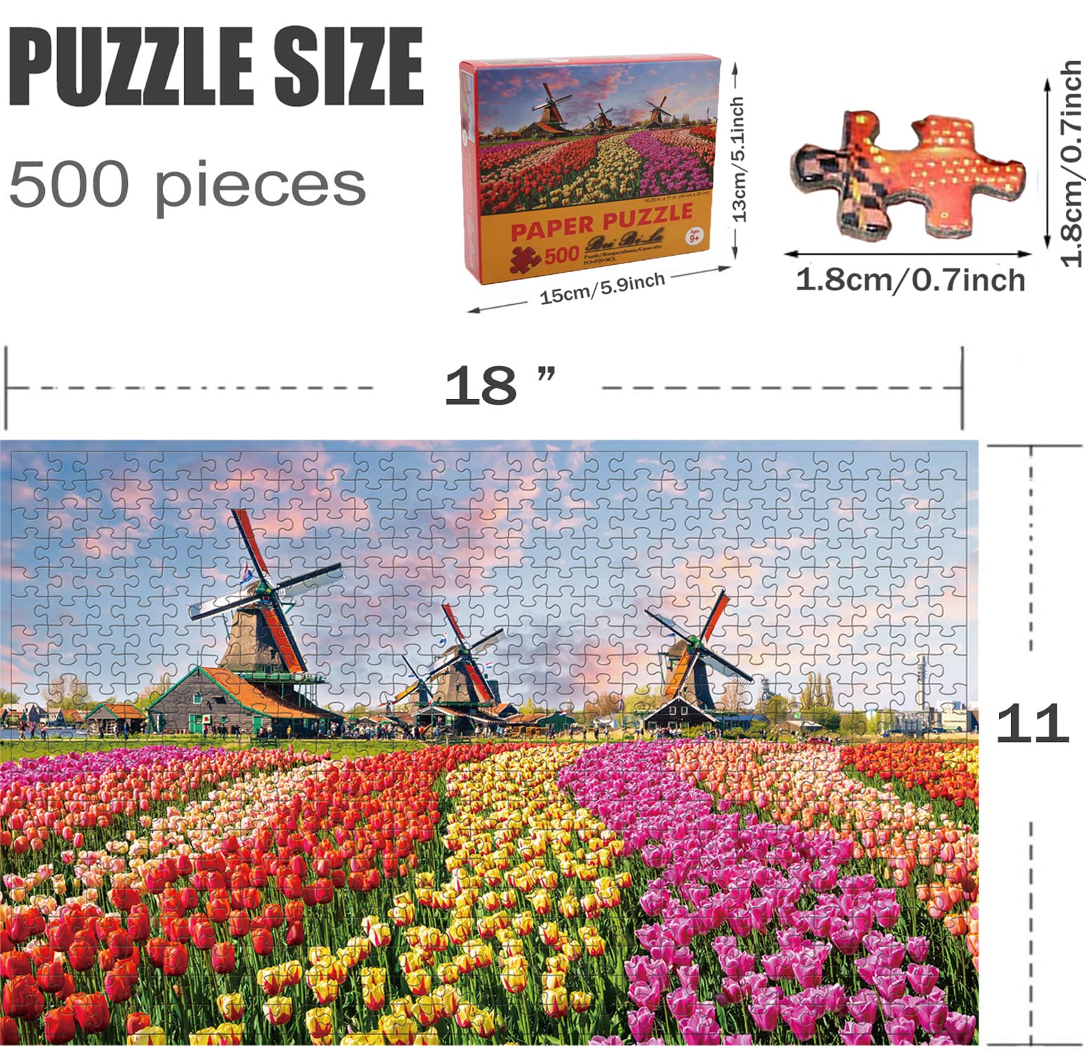 VARWANEO 500 Pieces Puzzle for Adults Educational Intellectual Jigsaw Puzzle Fun Game for Men Women Kids(Dutch Windmill)