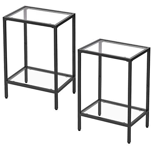 HOMSHO Side Tables Set of 2, End Tables with Tempered Glass, 2-Tier Nightstands with Storage Shelves, Slim Sofa Table for Living Room, Bedroom (2, Black)