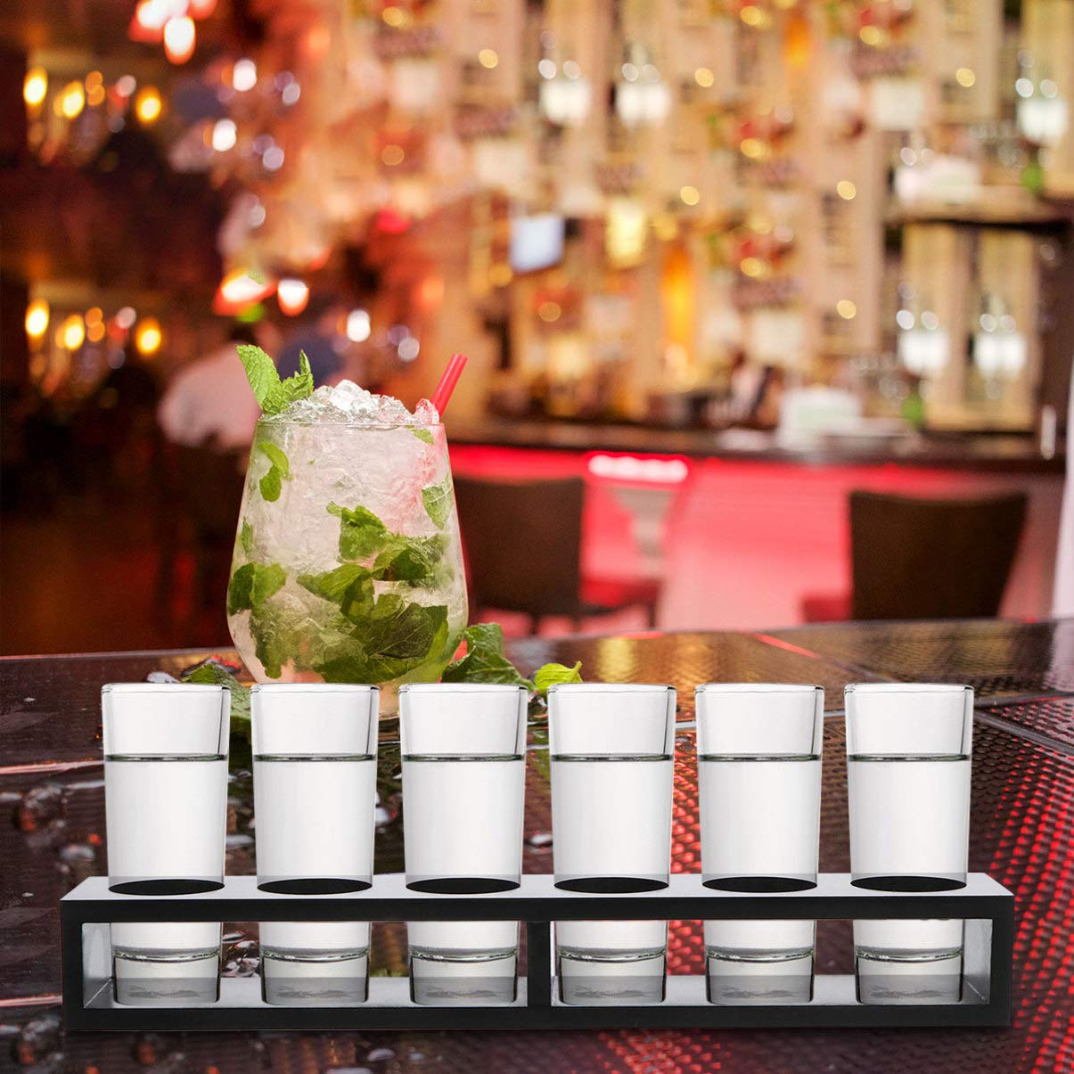 DOITOOL Black Shot Glass Holder Rack, Professional Wooden Holder for Tequila, 6 Thick Base Shot Serving Tray for Whiskey, Vodka, Tequila, Cocktail, Soju, Party, Bar, Nightclub