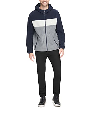 Tommy Hilfiger Men's Hooded Polar Fleece Jacket, Navy/White/Light Grey, Large