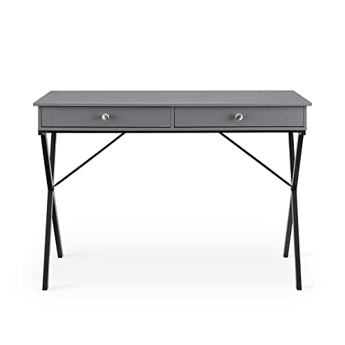 HomSof Frost Grey Finish 2 Drawers Writing Desk with Black Stoving Varnsih Steel Frame,MDF Table Top, Gray,42"