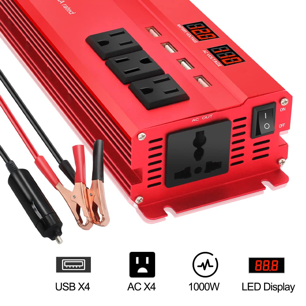 Cantonape 1000W/2000W(Surge) Car Power Inverter DC 12V to 110V AC with 4 Outlets, 4 USB Ports and Input/Output LED Display - Black