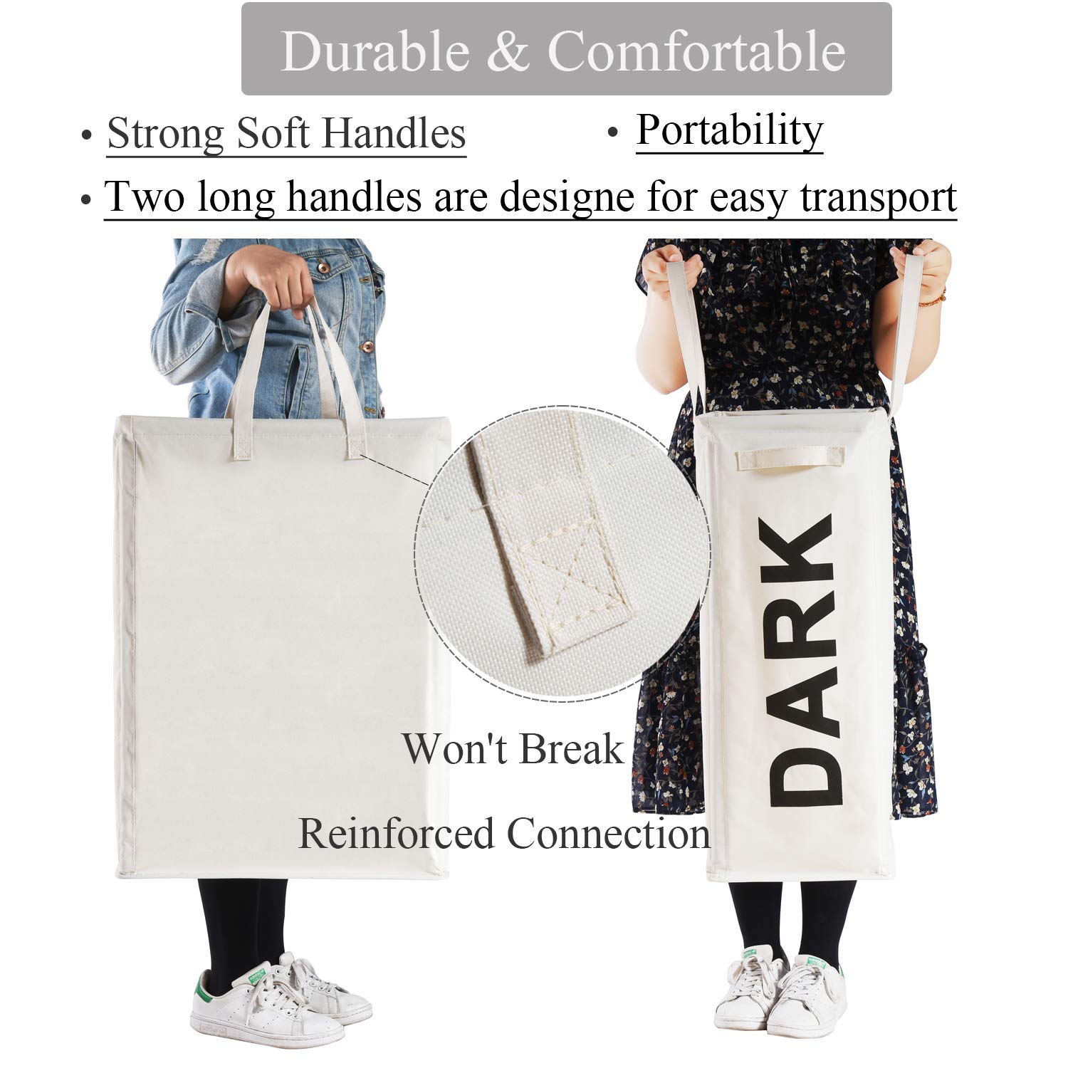 Haundry 2 Pack Light and Dark Laundry Hamper with Extended Handles, 2Pcs/Set Tall and Slim Separator Laundry Baskets, Large Foldable Laundry Organizer for Clothes, Beige