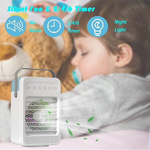 Portable Air Conditioner, 120°Oscillating Evaporative Personal Air Cooler with 4 Speeds Rainbow LED Light,2 Spray Humidify,2/4/6H Timer,600ml Tank,Low Noise, Desktop Office, Home, Bedroom, Dormitory