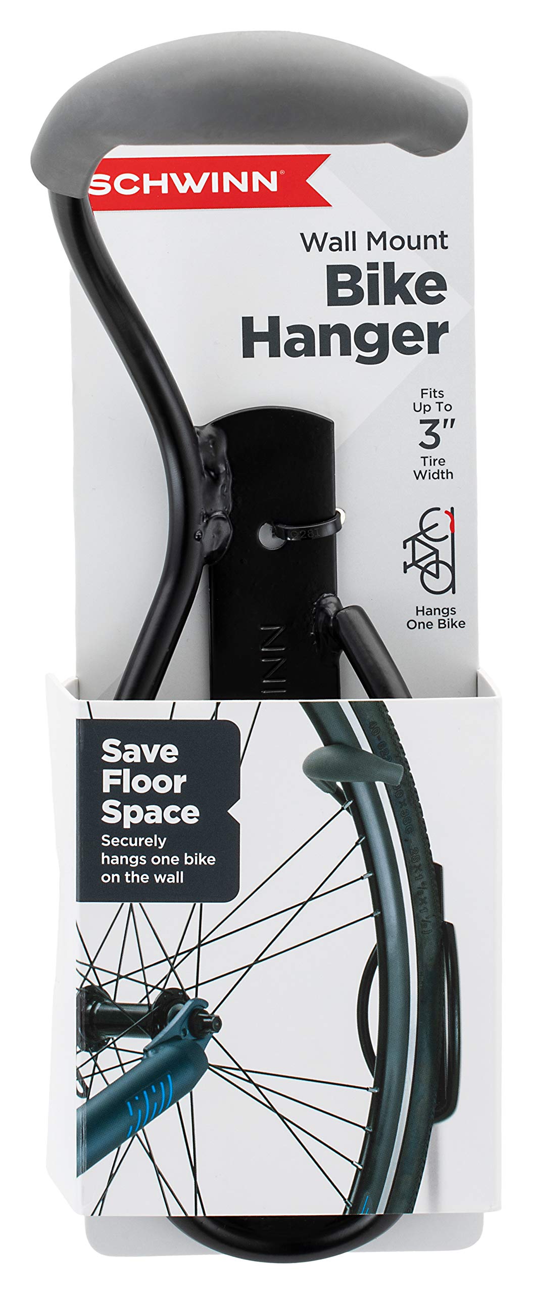 Schwinn Wall Mount Bike Hanger, Space Saving Vertical Garage Storage for Bicycle, Fits Up to 3 Inch Tire Width, Can Hold Up to 50 lbs., Hangs One Bike, Black