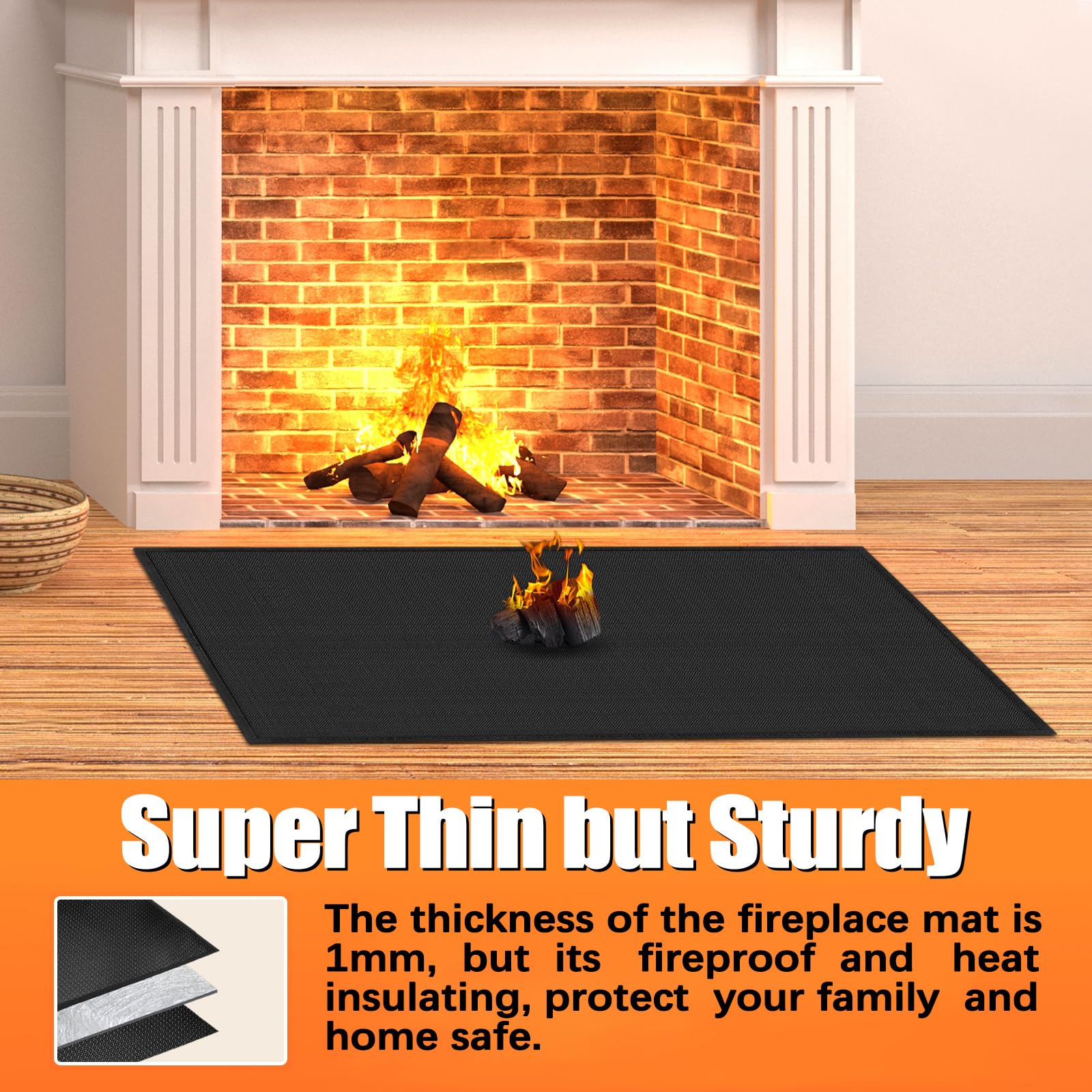 Hearth Rugs for Fireplaces Fire Resistant, 48 x 28 x 0.04 inch Fireproof Fireplace Mat Hearth Rug, Hearth Pads for Wood Stove Fireplace Indoor Outdoor, Protect Floors Carpets from Sparks Embers-Black