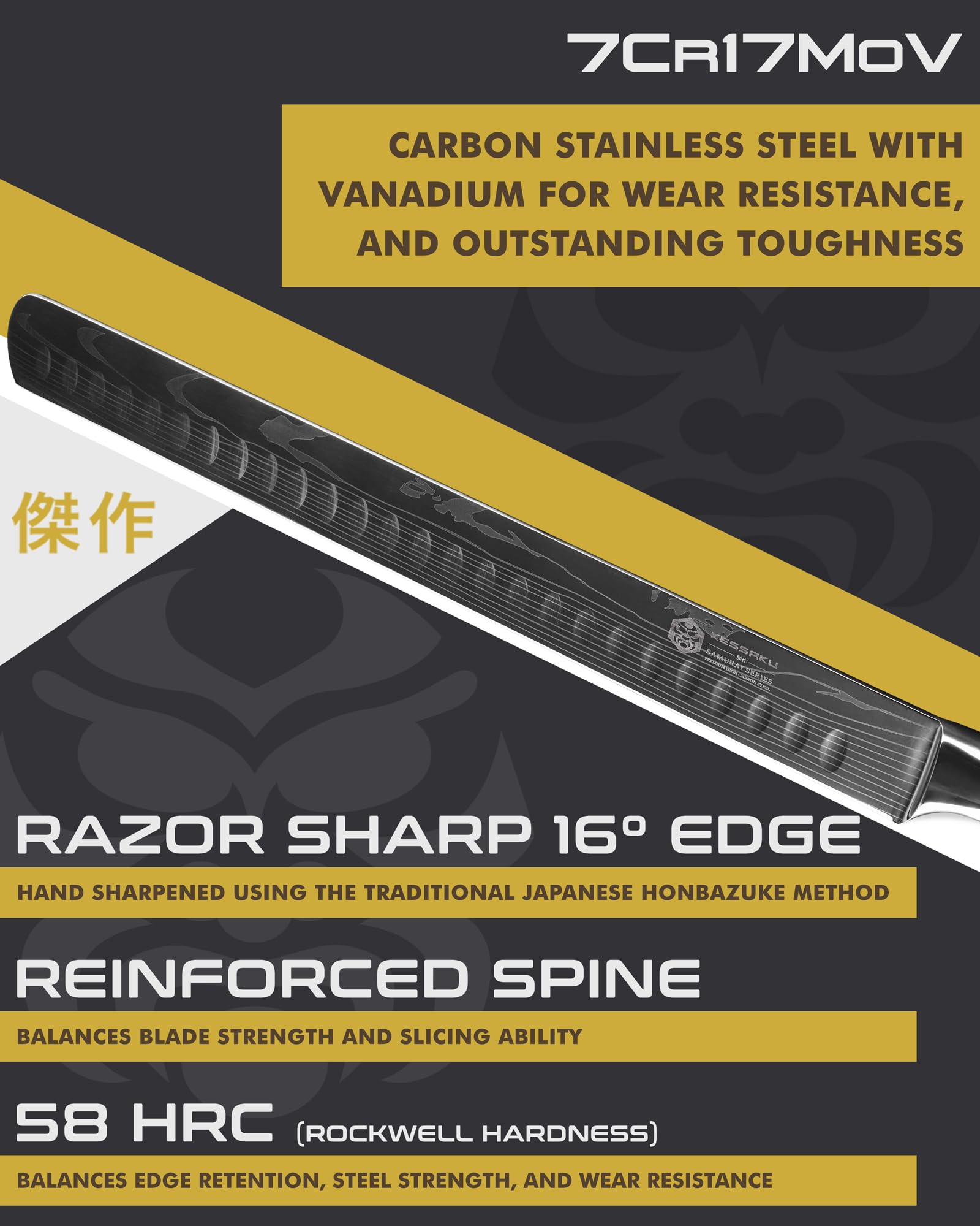 KESSAKU Carving Knife - 12 inch - Samurai Series - Razor Sharp - Granton Edge - Forged 7Cr17MoV High Carbon Stainless Steel - Wood Handle with Blade Guard