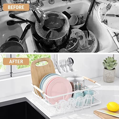 TOOLF Dish Drying Rack, High-Sided Dish Rack for Kitchen Counter, Dish Drainer with Utensil Holder and Drainboard, Small Sink Drainer for Sink, White