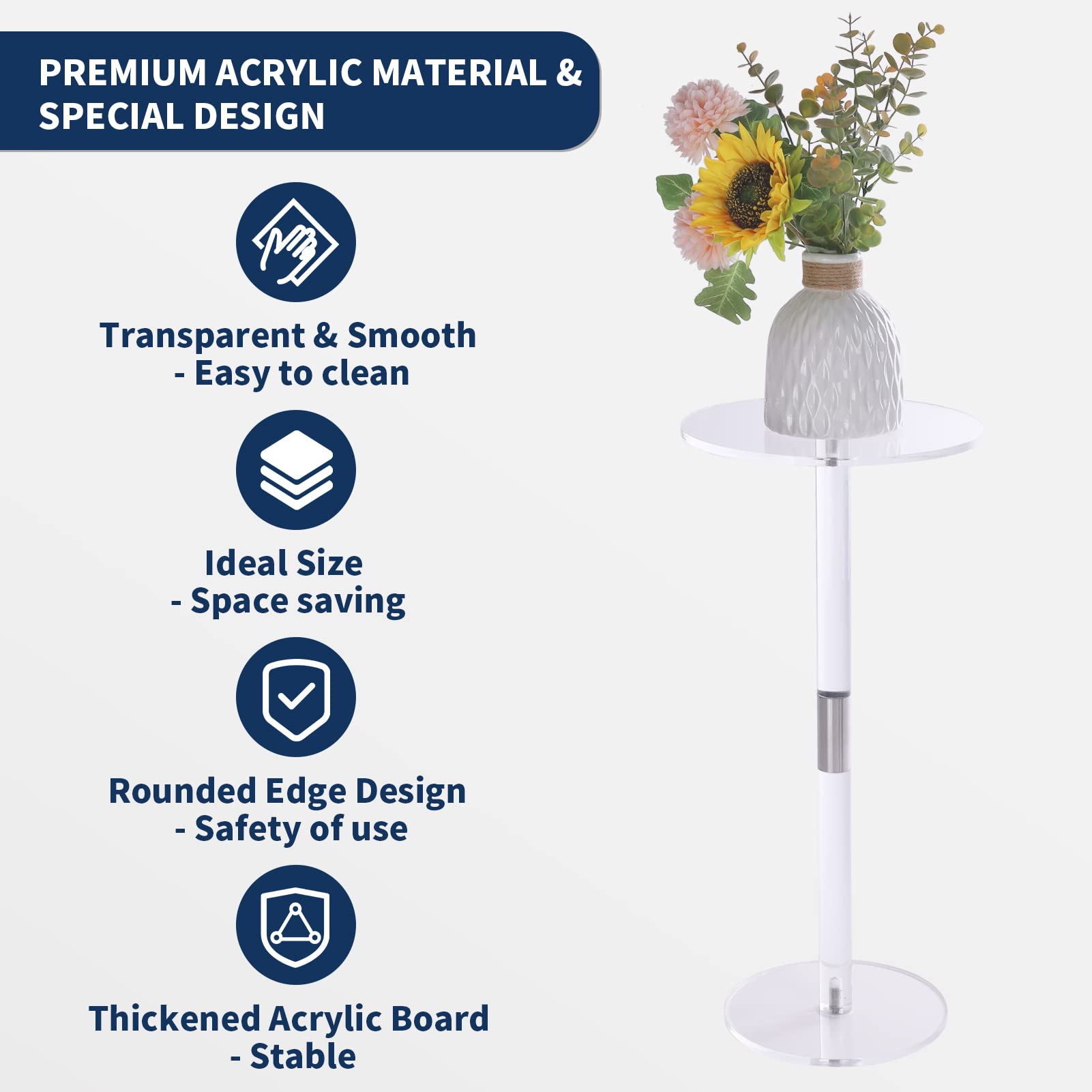 CRAFTFORCE Clear Acrylic Drink Table, Small Round Side Table for Small Spaces, 10" L x 10" W x 21.3" H, Minimalist Acrylic Side Table for Living Room, Bedroom, Bathroom, Hallway, Balcony